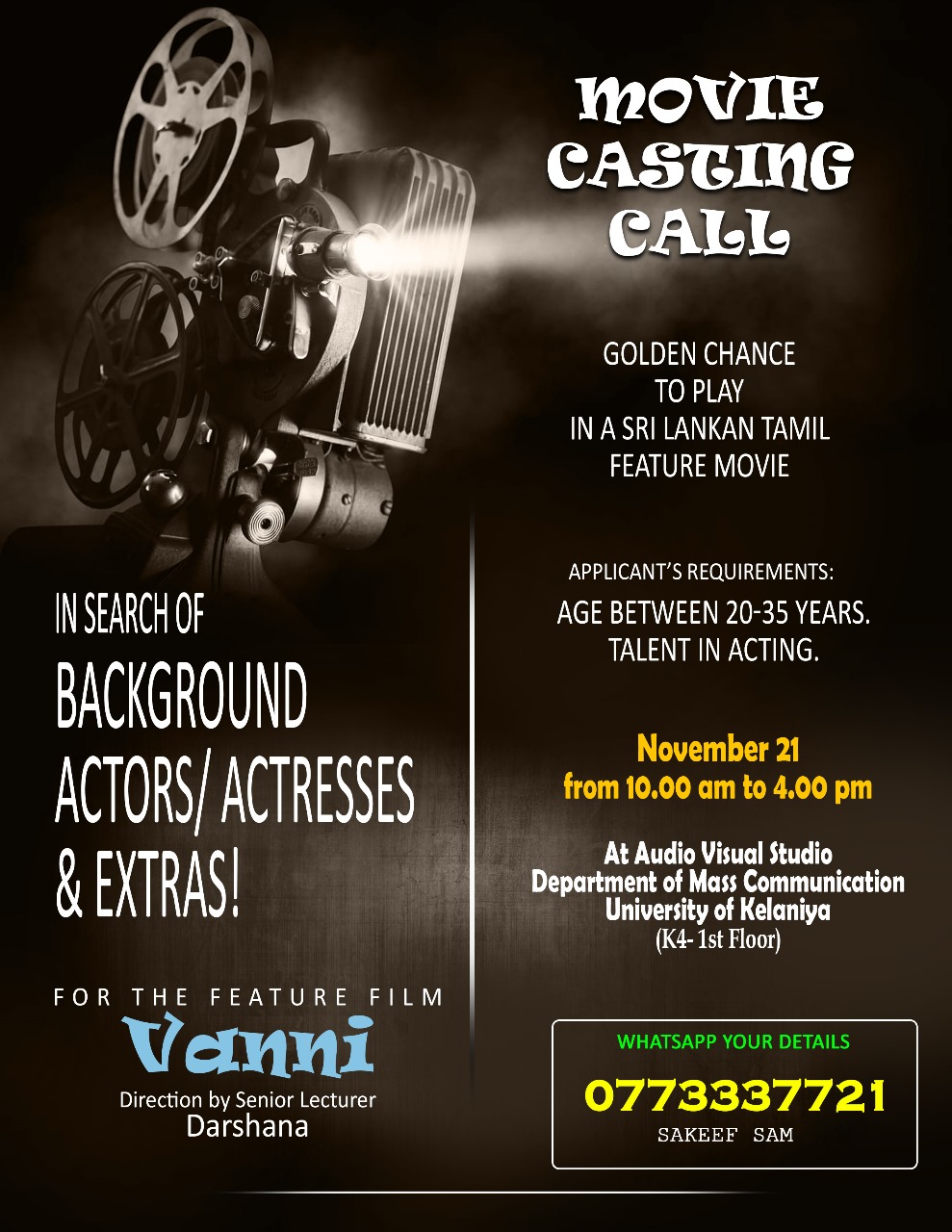 Vanni Movie Casting Call - Department of Mass Communication